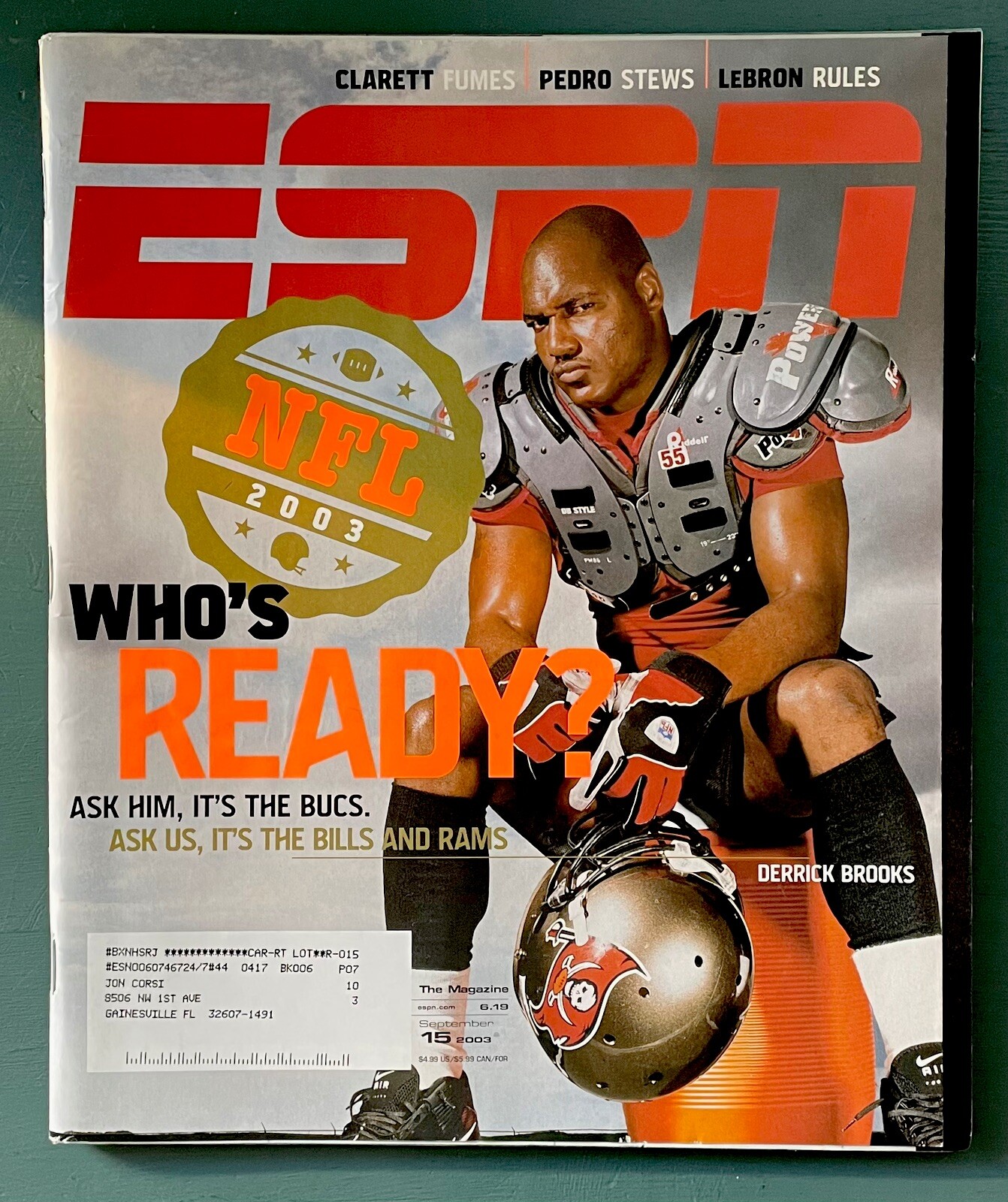 ESPN Magazine ~ September 15, 2003 Derrick Brooks HOF LB Tampa Bay ...
