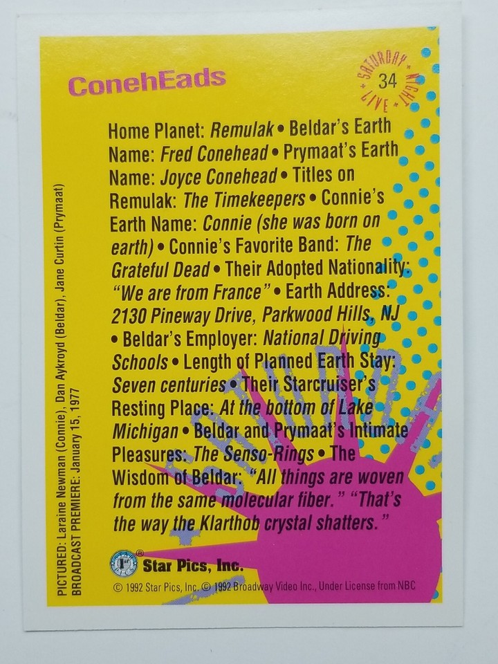 Dan Akroyd SNL CARD 1992💥Saturday Night Live Star Pics # 34 Coneheads ...