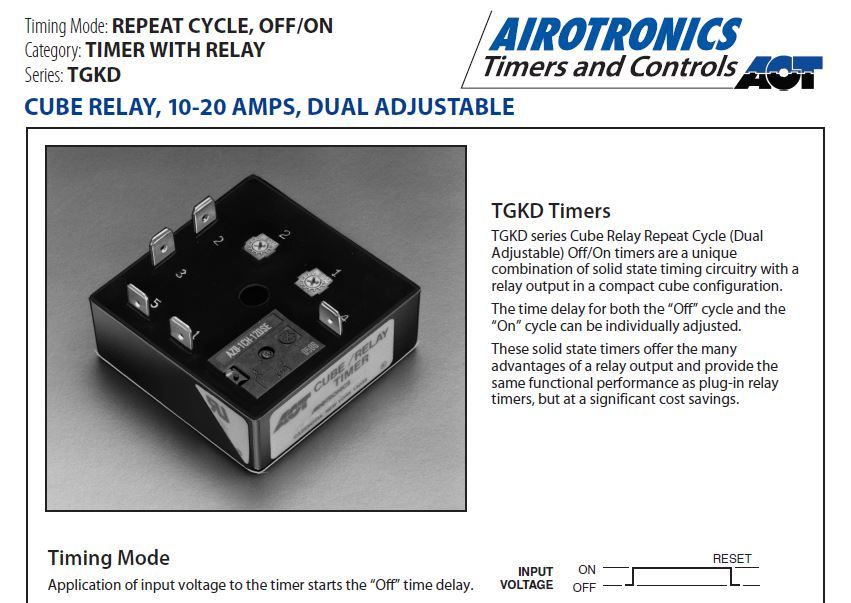 Airotronics USA TGKDB Cube Relay Timer Repeat Cycle OFF ON 10A 24V AC ...