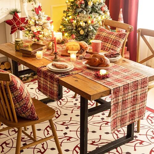 Red Plaid Christmas Table Runner Winter Holiday Snowflake Table Runners ...