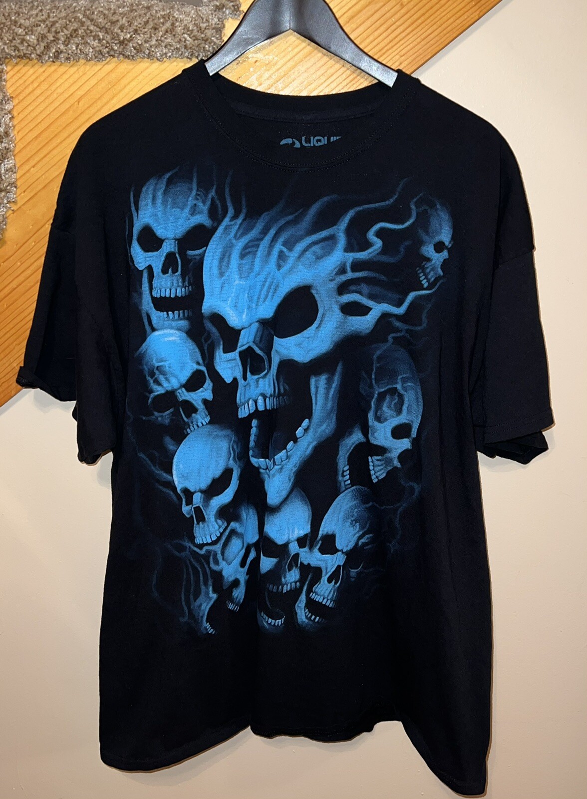 Liquid Blue Flaming Blue Ghost Skulls Black Graphic T… - Gem