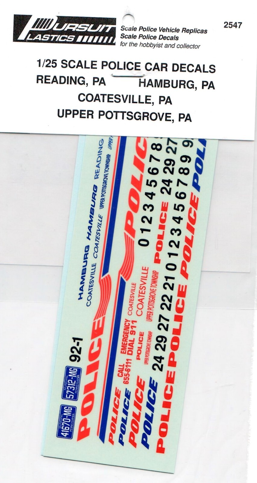 1/24, 1/25 Police Car Decals (Pursuit Plastics) - Reading, Hamburg ...