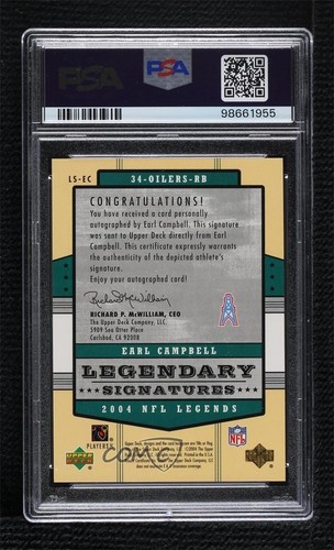 2004 NFL Legends Legendary Signatures Earl Campbell PSA 10 GEM MT Auto ...