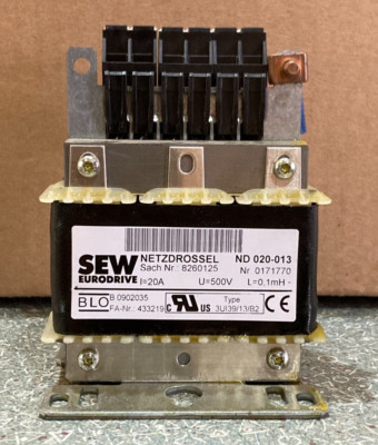 SEW EURODRIVE ND020-013 NETZDROSSEL, I=20A , U=500V , 8260125 LINE ...