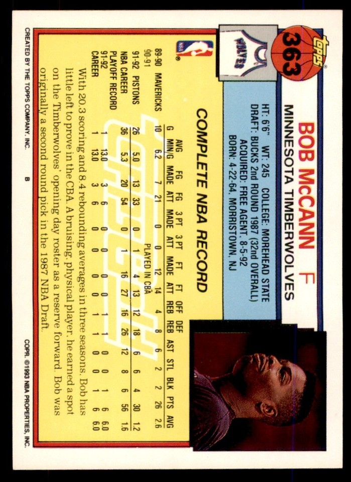 1992-93 Topps Gold #363 Bob McCann RC Minnesota Timberwolves | eBay