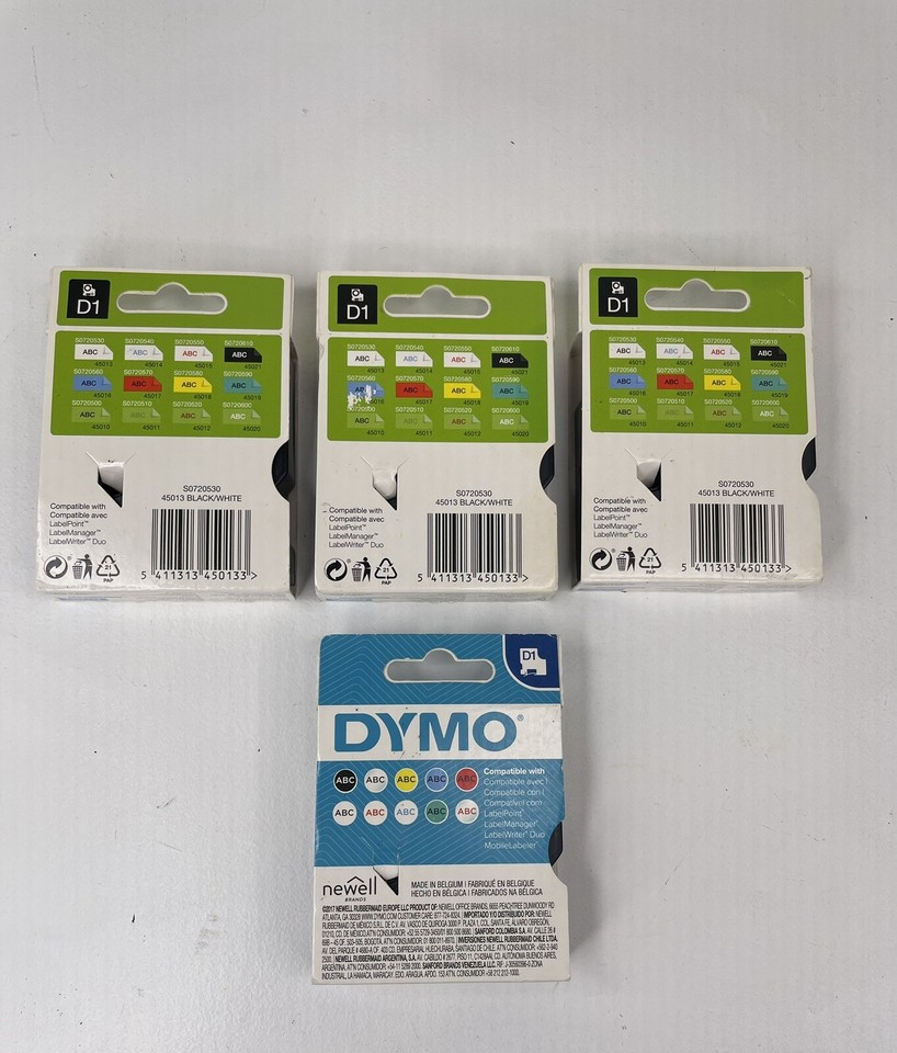4x Original Dymo 45013 Black on White 12mm x 7m D1 Label Cartridges ...