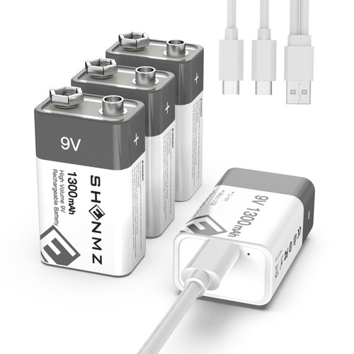 4-Count 9 Volt Battery 9V Block Rechargeable Batteries 1300mAh F smoke ...