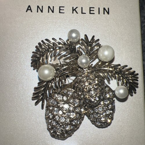 Christmas Pinecone Pin Brooch, Anne Klein Crystal Rhinestone Pearl rare ...