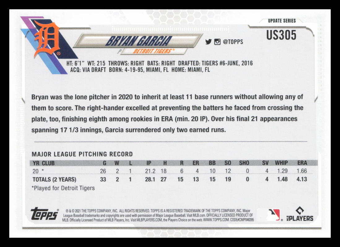 2021 Topps Update #US305 Bryan Garcia Detroit Tigers Baseball Card | eBay