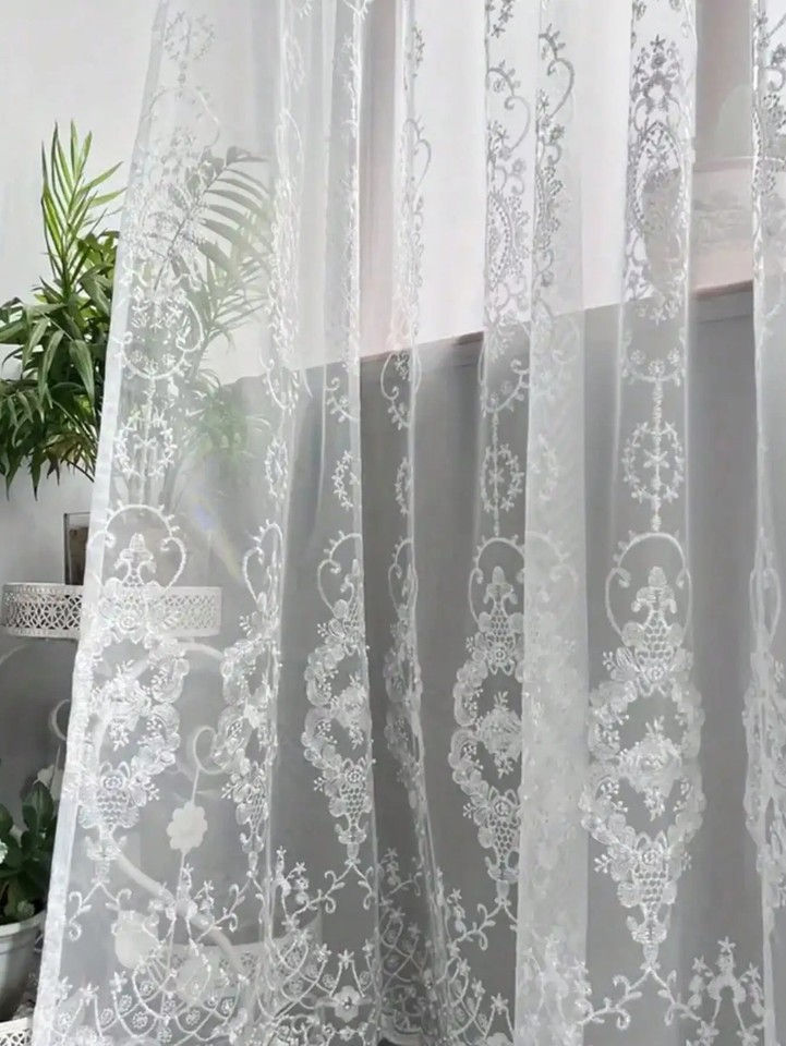 1 Pc White Pearl Flower Embroidered Sheer Curtain,Light Filtering Gauze ...