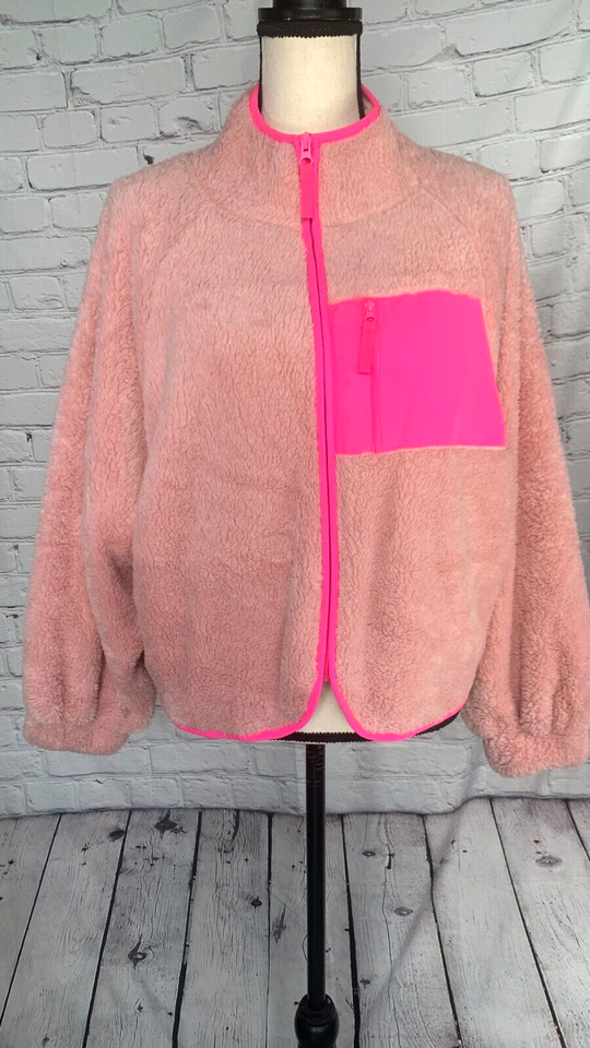 NEW LOVE, Fire Faux Shearling Zip Jacket Pink Chest Zip Pocket Balloon ...