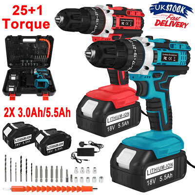 2 Battery 18V Cordless Drill Combi Driver High Power Electric ...