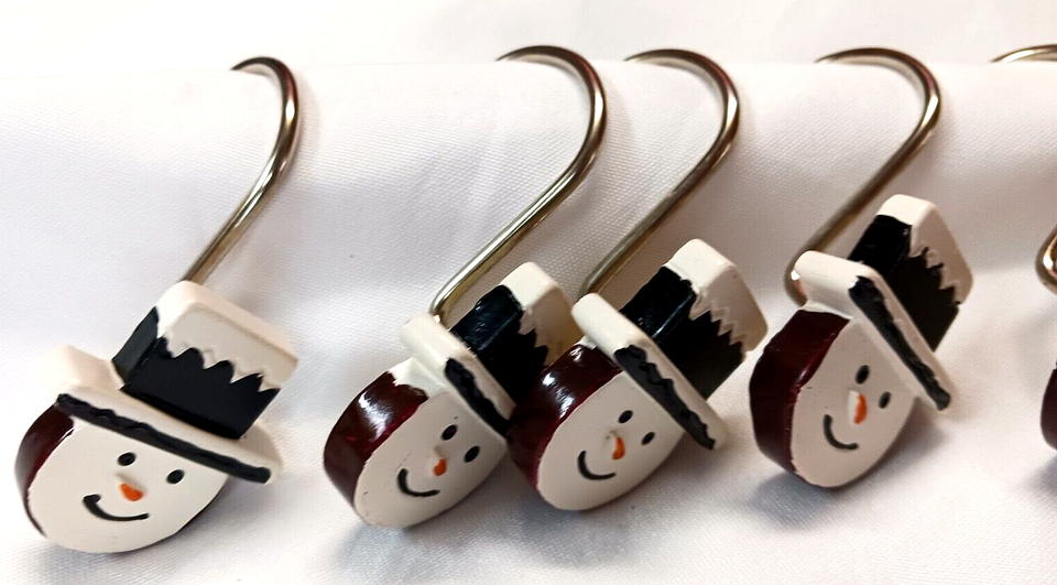 SET OF 12 SNOWMAN FACE WITH TOP HAT FULL OF SNOW SHOWER CURTAIN HOOKS ...
