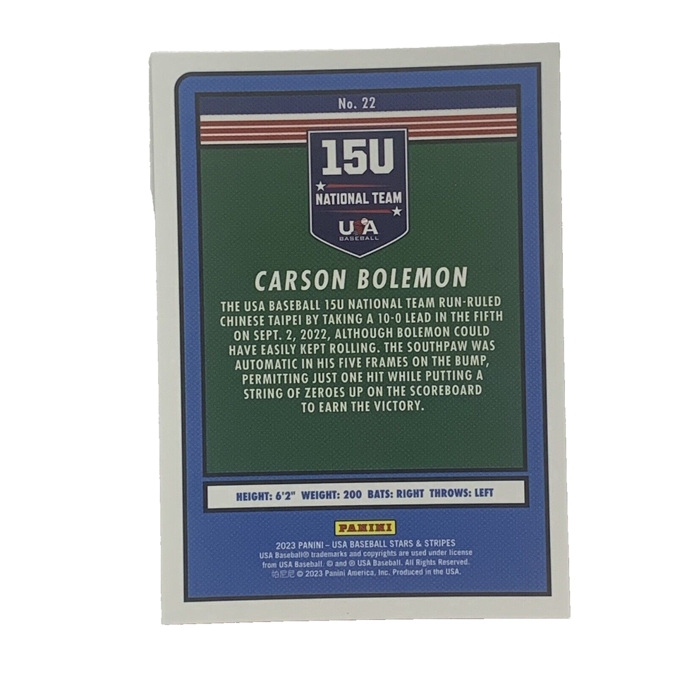 2023 Panini Stars & Stripes Carson Bolemon #22 USA 15U National Team | eBay