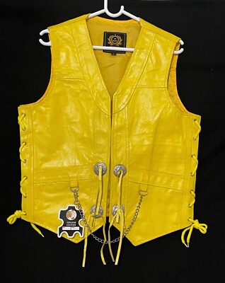 Men's Yellow Leather Fringed Concho Chain Vest Motorcycle Biker S to ...