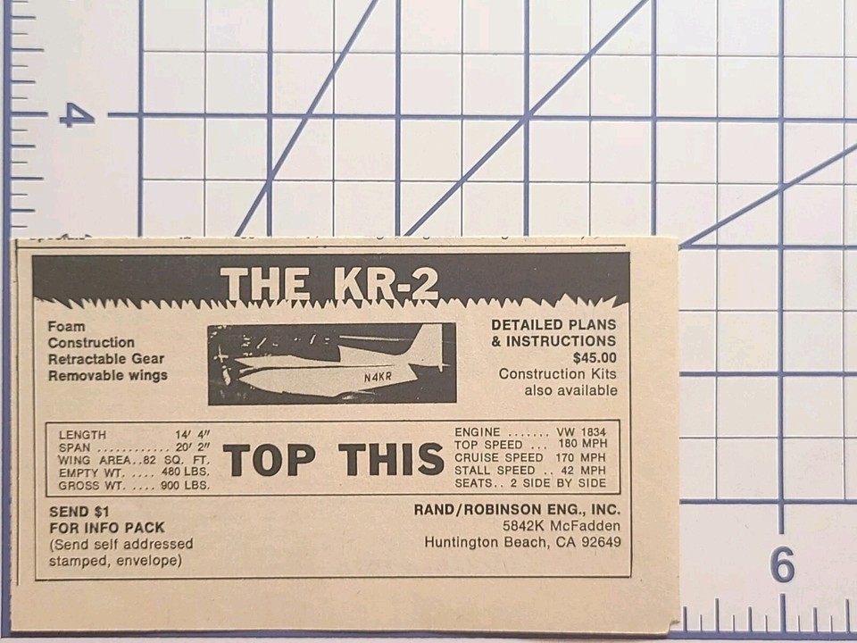 KR-2 Airplane Plans Kits Huntington Beach CA Rand Robinson Vintage ...