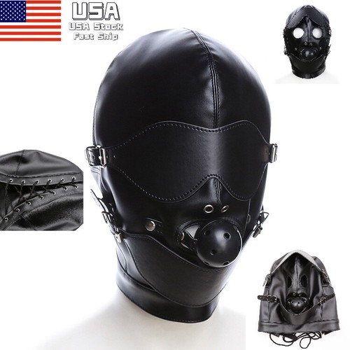 Lockable Black Ball Gag Mask Head Harness Hood Bondage Fetish Game Gimp ...