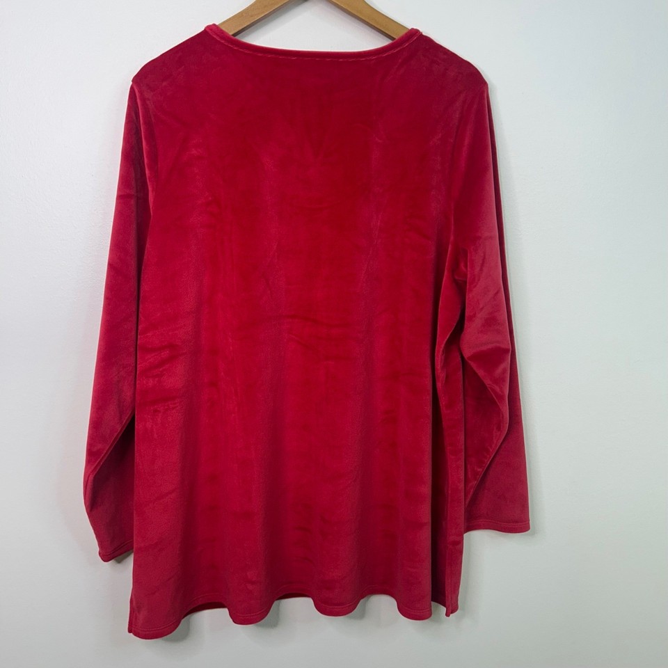 Quacker Factory 1X Red Rhinestone Velvet Top Long Sleeve Holiday Glam ...