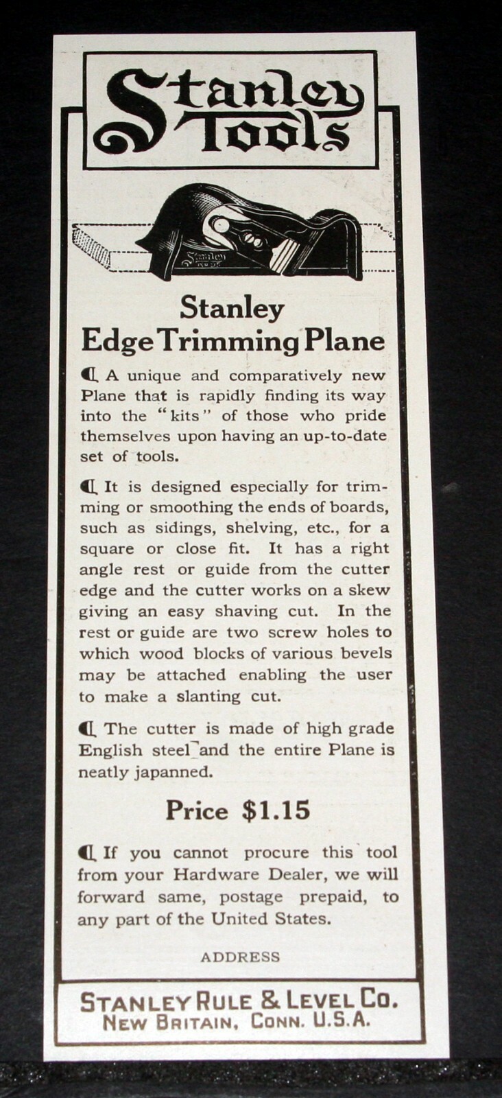 1913 OLD MAGAZINE PRINT AD, STANLEY TOOLS, EDGE TRIMMING PLANE, NEATLY ...
