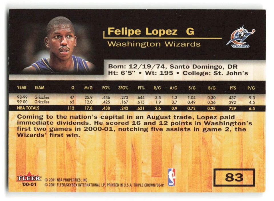 Felipe Lopez 2000 Fleer Triple Crown BASKETBALL #83 Washington Wizards ...