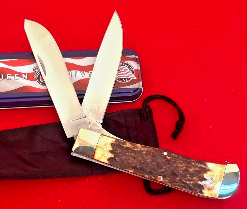 MADE IN USA QUEEN CUTLERY CO BURNT STAG JUMBO TRAPPER LINER LOCK 2 ...