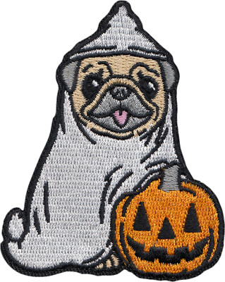 Patch - Pug Ghost With Pumpkin Panting Pup And Jack-O-Lantern Iron On ...