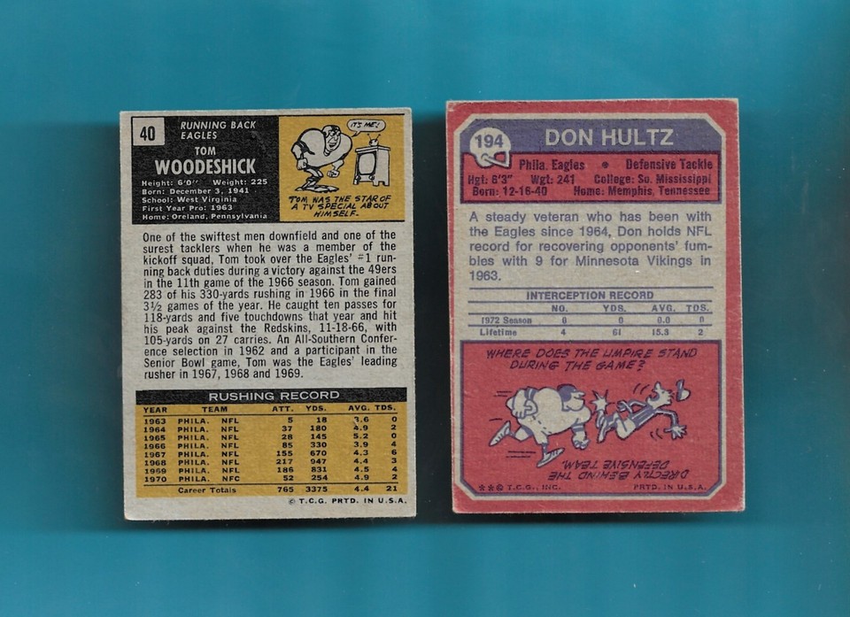 OLD PHILADELPHIA EAGLES! 1971 Topps TOM WOODESHICK/1973 DON HULTZ LOW ...