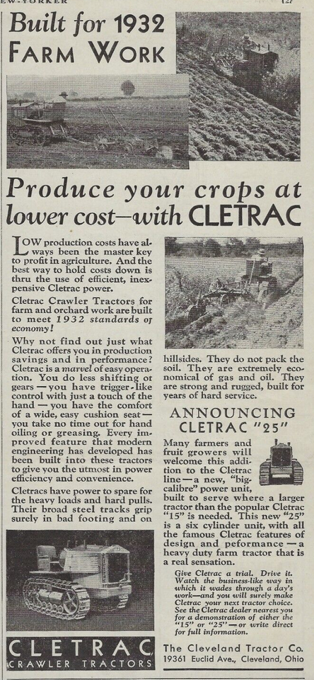 Cletrac Crawler Tractors Print Ad 1932 Farm Work Clevland Ohio | eBay