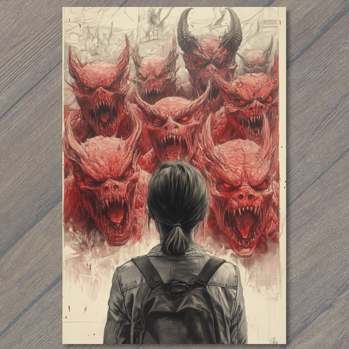 POSTCARD Backpack Girl Facing Red Demons Horror Surreal Threat Creature ...