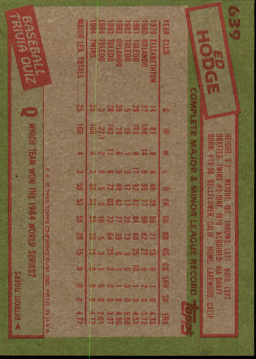 1985 Topps #639 Ed Hodge - NM | eBay