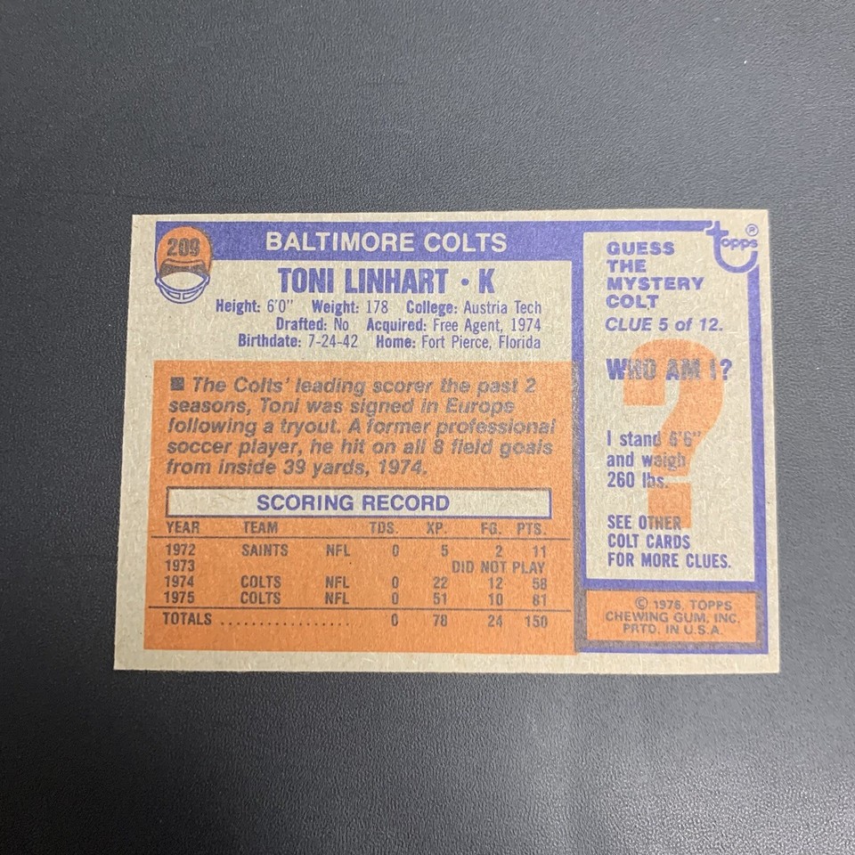 1976 Topps Toni Linhart # 209 Baltimore Colts Football Card NFL | eBay
