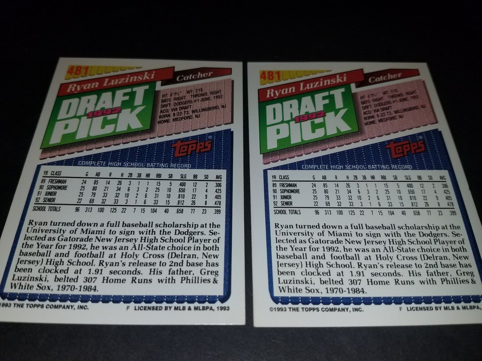 2017 TOPPS REDISCOVER LOT OF 2 RYAN LUZINSKI 1993 TOPPS LOS ANGELES ...
