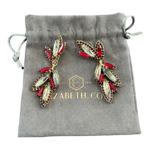 Elizabeth Cole Designer Signed Red Gray Crystal Pierced Post Gold Tone ...