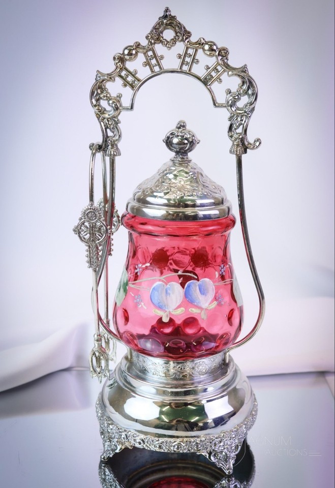 Antique Monarch Victorian Pickle Castor Cranberry Handpainted enamel ...