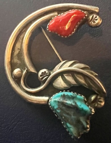 Masterpiece Zuni Cochiti Ben Eustace Pin Carved Natural Coral Turquoise ...