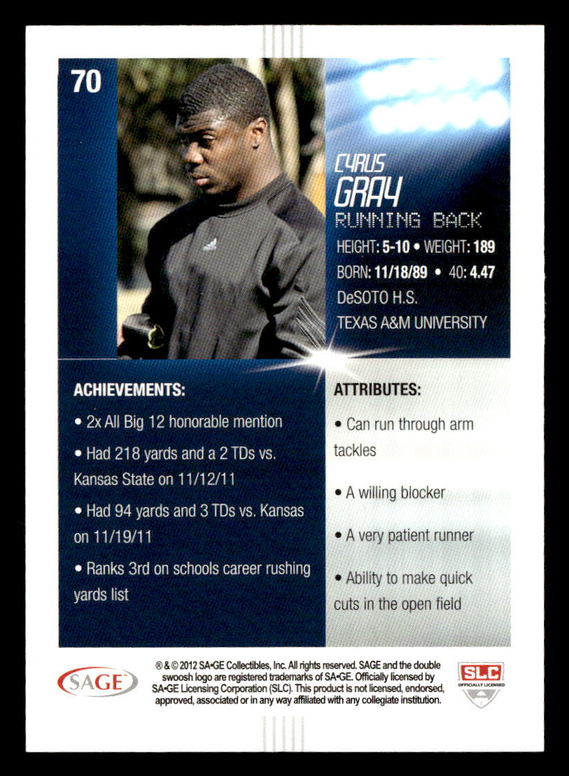 Cyrus Gray 2012 SAGE HIT Card #70 Texas A&M Aggies | eBay