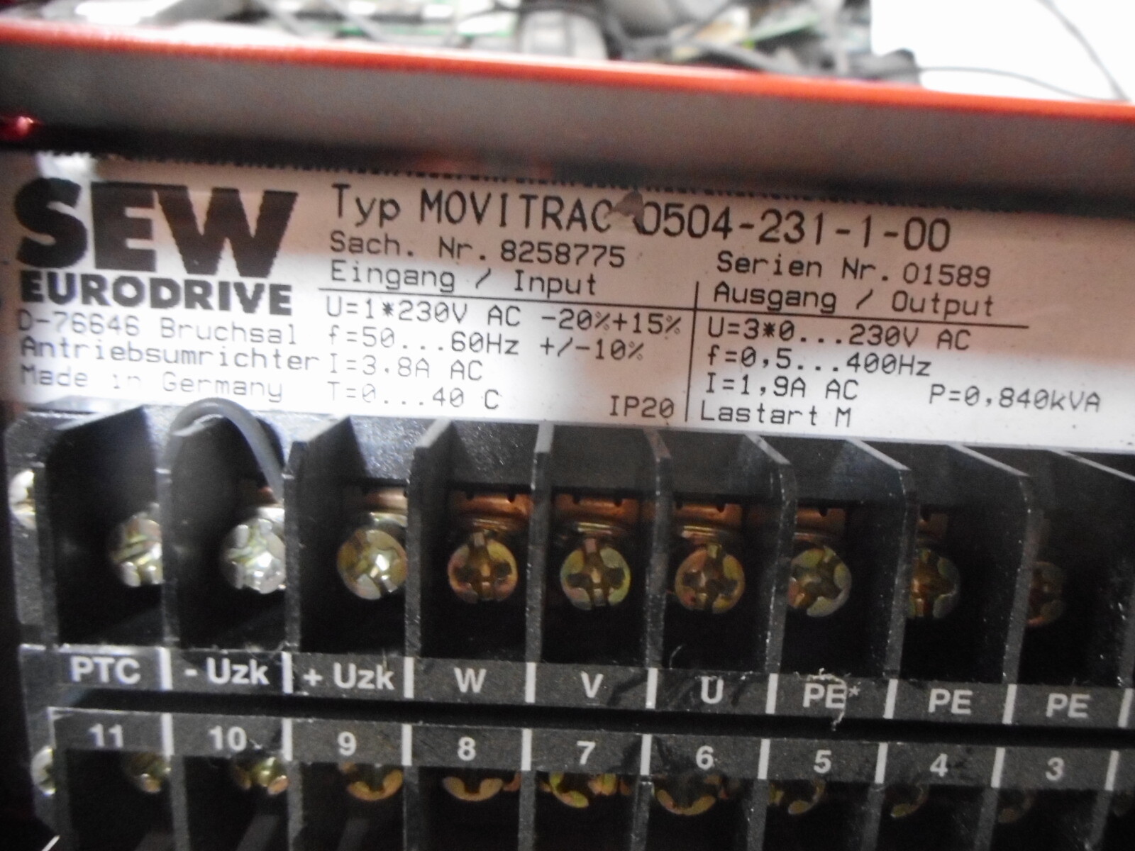 SEW EURODRIVE VFD - 0.37Kw -- 230AC 1 Phase Supply MOVITRAC -- 0504-231 ...