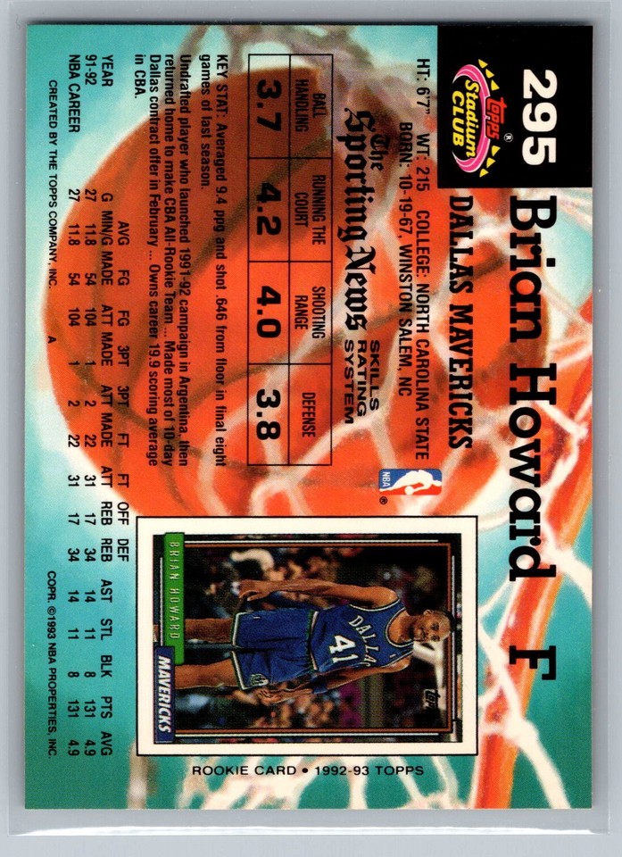 Brian Howard 1992-93 Stadium Club BASKETBALL #295 Dallas Mavericks RC ...