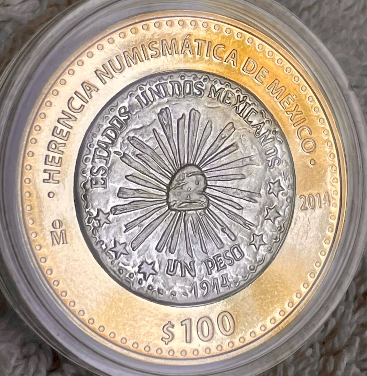 2014 MEXICO $100 SILVER BIMETALLIC Herencia Numismatica $1 MUERA HUERTA ...