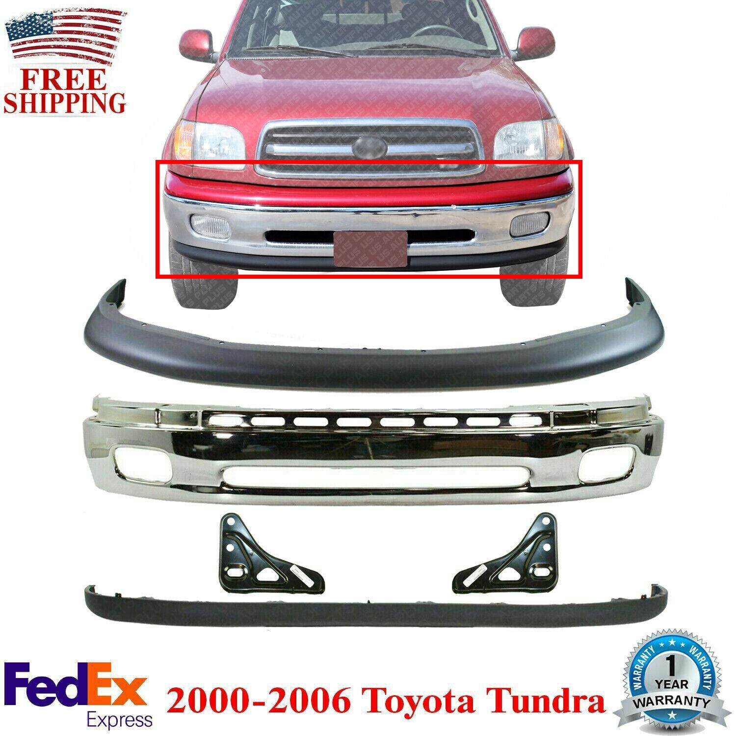 Front Bumper Chrome Steel + Valance + Upper Cover For 2000-2006 Toyota ...