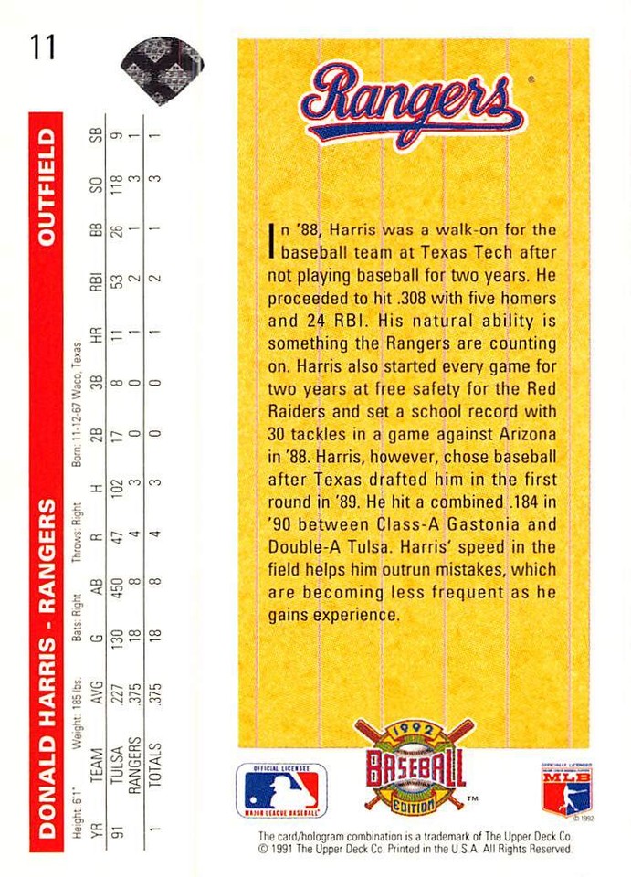 Donald Harris 1992 Upper Deck 11 Texas Rangers BASEBALL Card | eBay