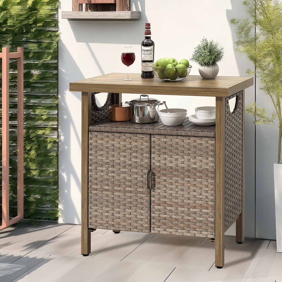 Outdoor Storage Cabinet Weatherproof Wicker Patio Bar Console Table for ...