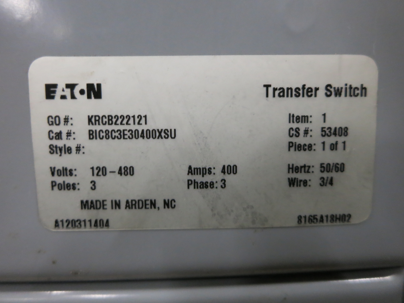 Eaton BIC8C3E30400XSU 400A Automatic Transfer Switch 120-480V 3PH 400 ...