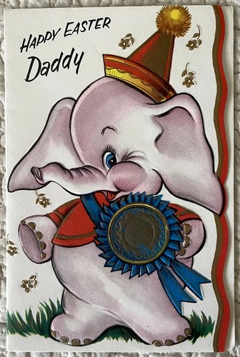 Unused Easter Elephant Hold Blue Ribbon Hat Vintage Greeting Card 1940s ...