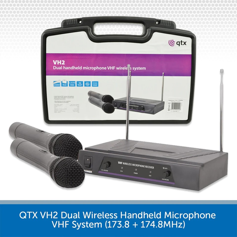 QTX Dual Wireless Microphones VH2 Cordless 2 Mics + Carry Case Karaoke ...