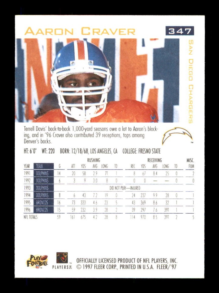 1997 Football Fleer Aaron Craver San Diego Chargers #347 | eBay