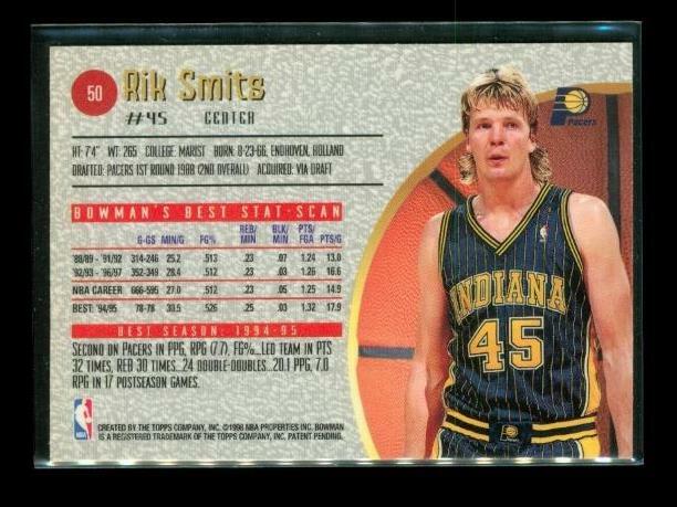 1997-98 TOPPS BOWMANS BEST Chrome Basketball Card #50 RIK SMITS Indiana ...