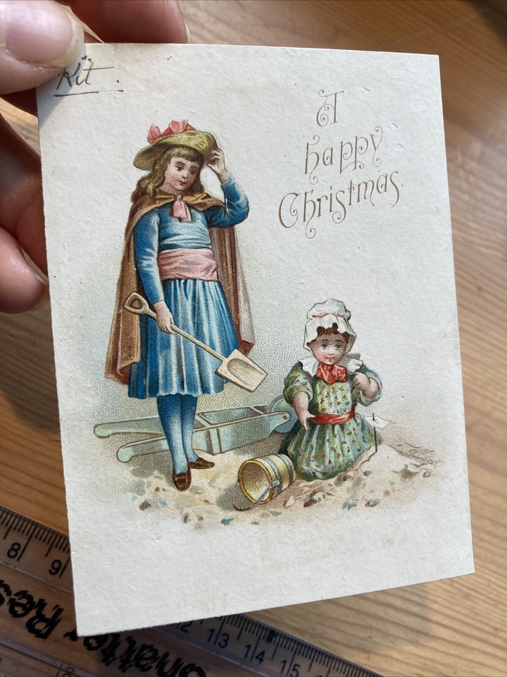 Victorian Christmas Card - Children w/ Bucket & Spade “A Happy ...