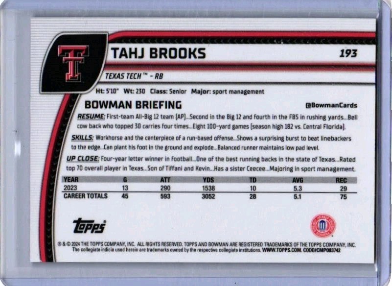 2024 Bowman Chrome U - Tahj Brooks - Purple Mini Diamonds /375 Texas ...