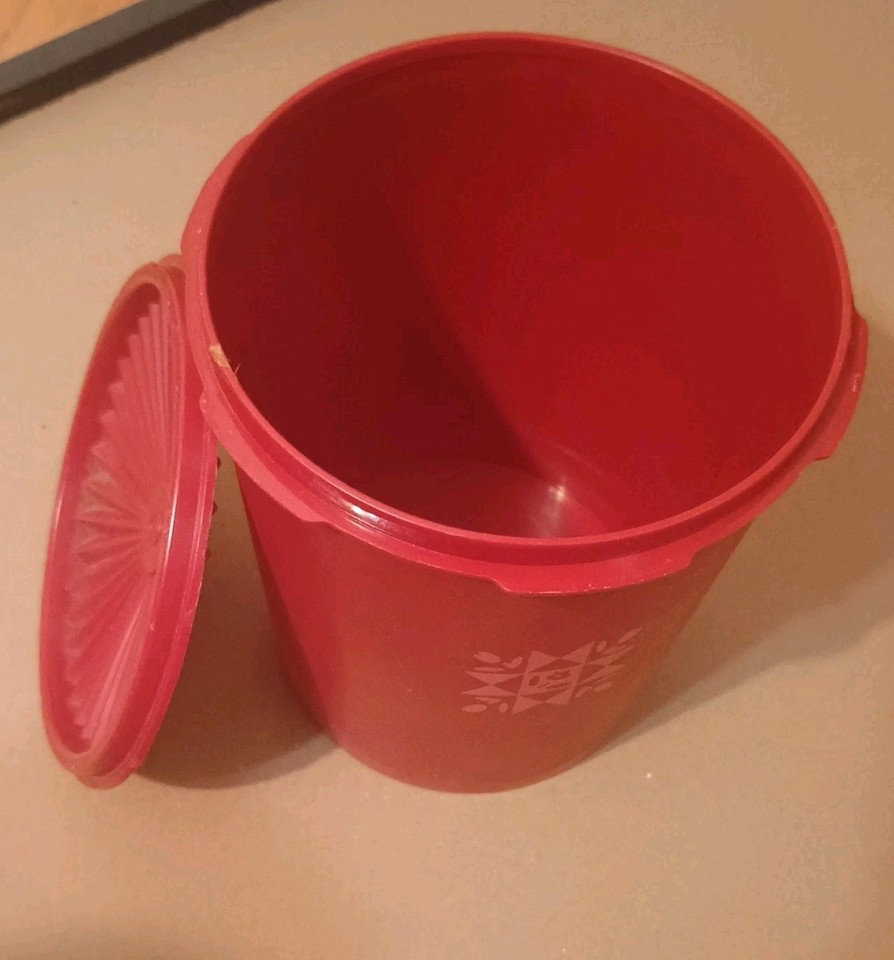 Vtg Tupperware Red Servalier Canister Pink Tulip Quilt Pattern w/Lid 6 ...